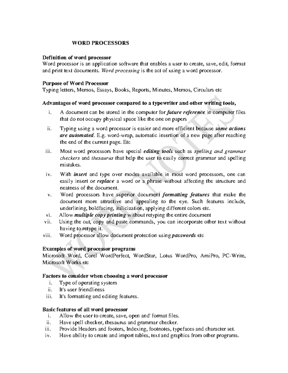 Microsoft Word Notes - WORD PROCESSORS Definition of word processor ...
