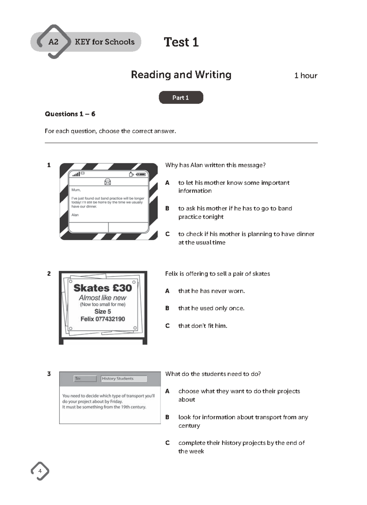 A2 KEY for Schools Test 1: Reading, Writing, Listening & Speaking ...