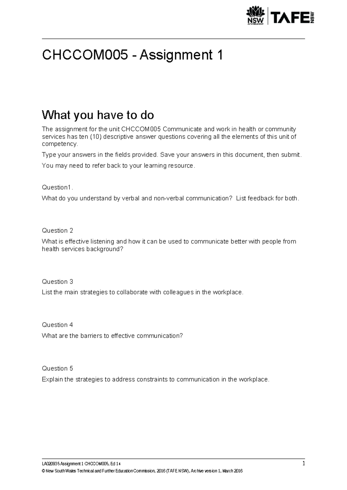 CHCCOM005 Assignment 1: Effective Communication in Health Services ...