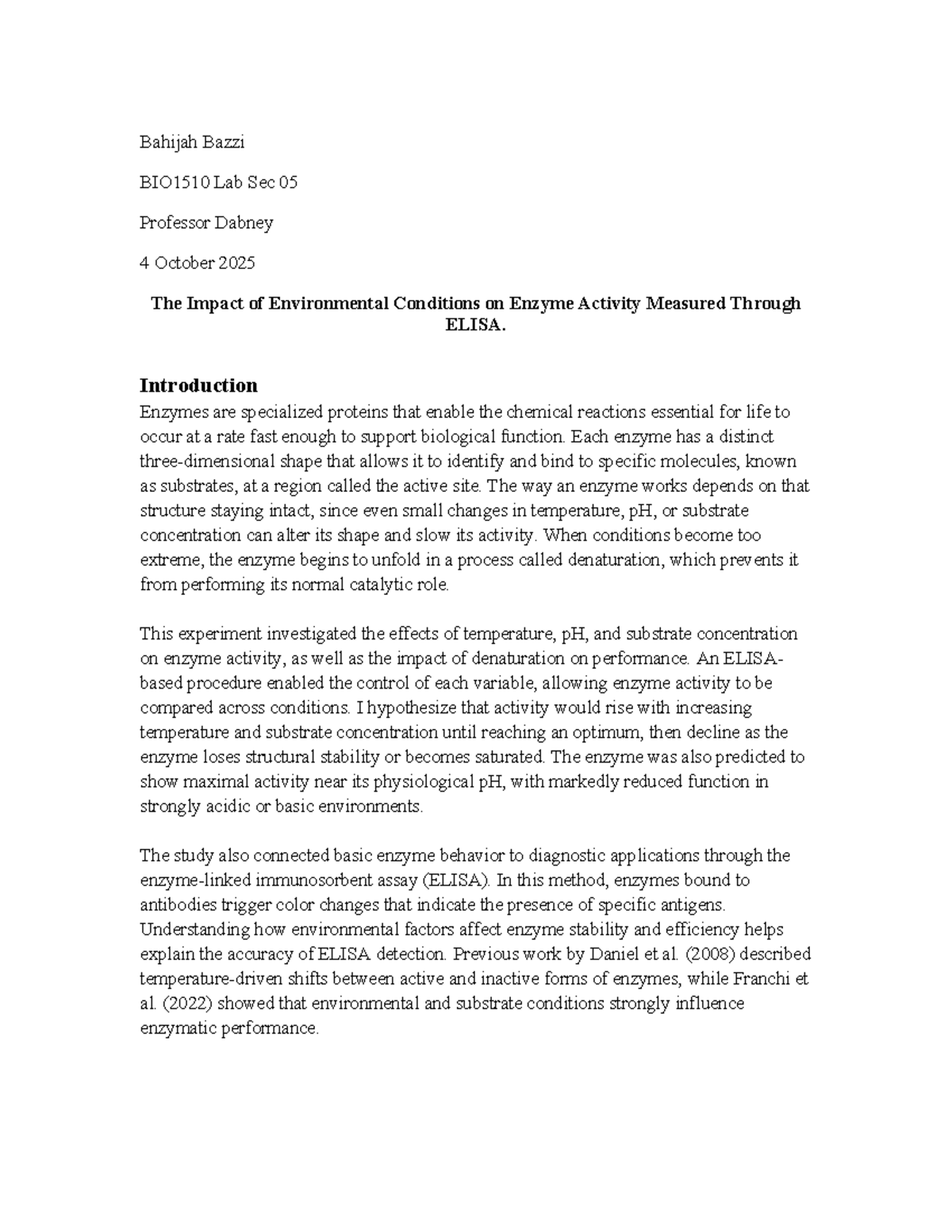 BIO1510 Lab Report: Enzyme Activity & Environmental Factors Analysis ...