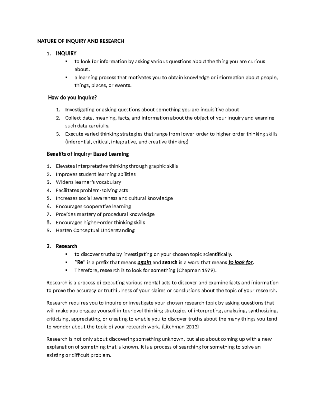 PR1- Reviewer - NATURE OF INQUIRY AND RESEARCH 1. INQUIRY to look for ...
