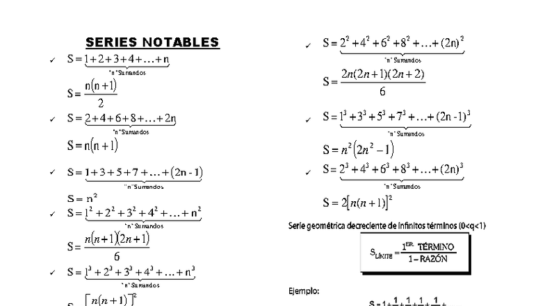 Formulas de Series y Sumatorias: Notables y Relaciones Adicionales ...