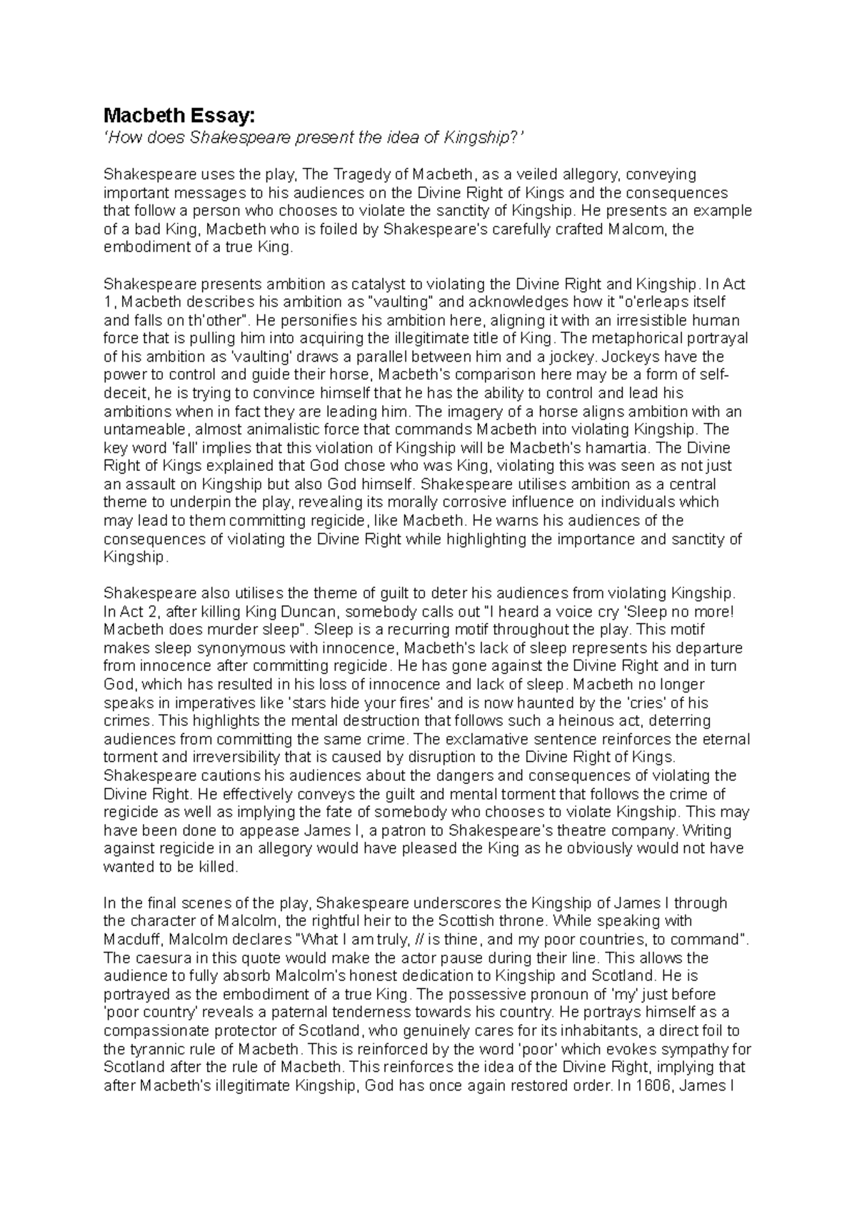 Macbeth Essay - Exploring Kingship and Ambition in Shakespeare's Play ...