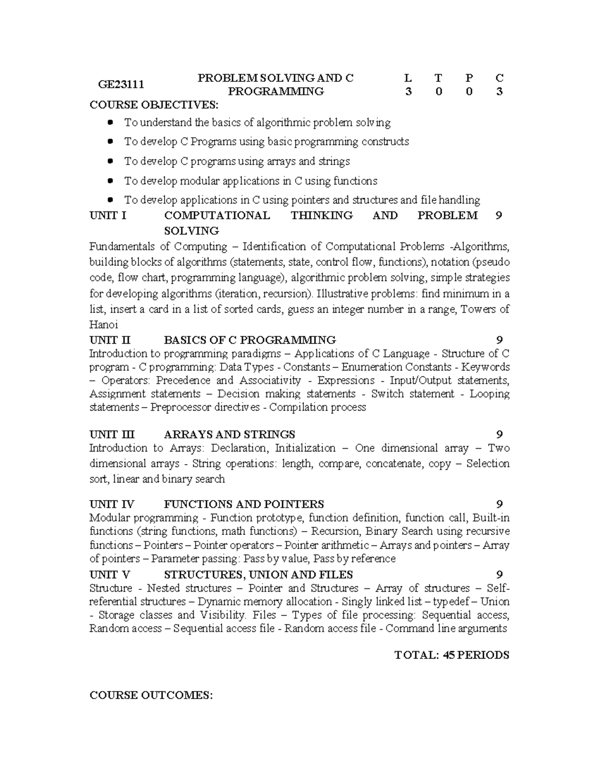 GE23111 - Problem Solving and C Programming Syllabus Overview - Studocu