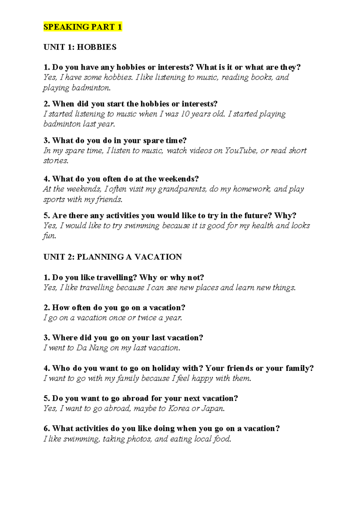SPEAKING TEST SAMPLE ANSWERS (2024) - Studocu