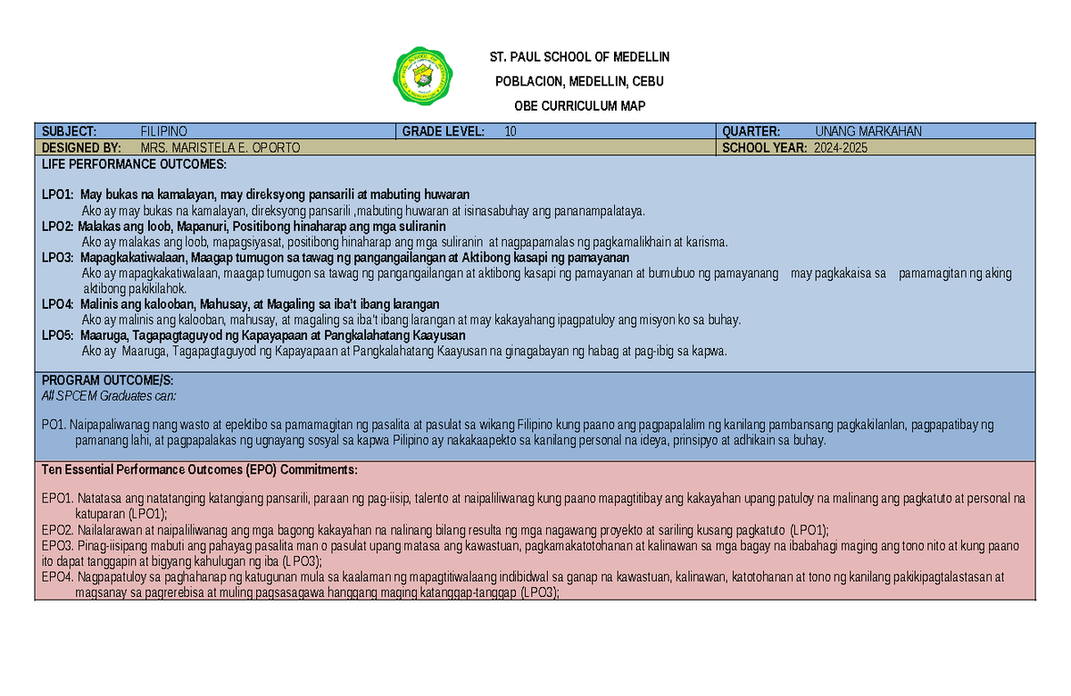 Curriculum Map of Filipino 10_1st Q - ST. PAUL SCHOOL OF MEDELLIN ...