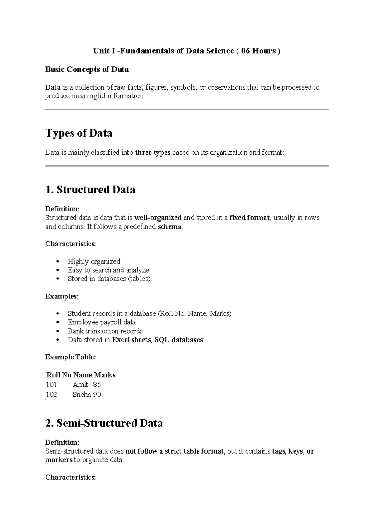 Unit I - Lecture on Basic Data Concepts in Data Science - Studocu
