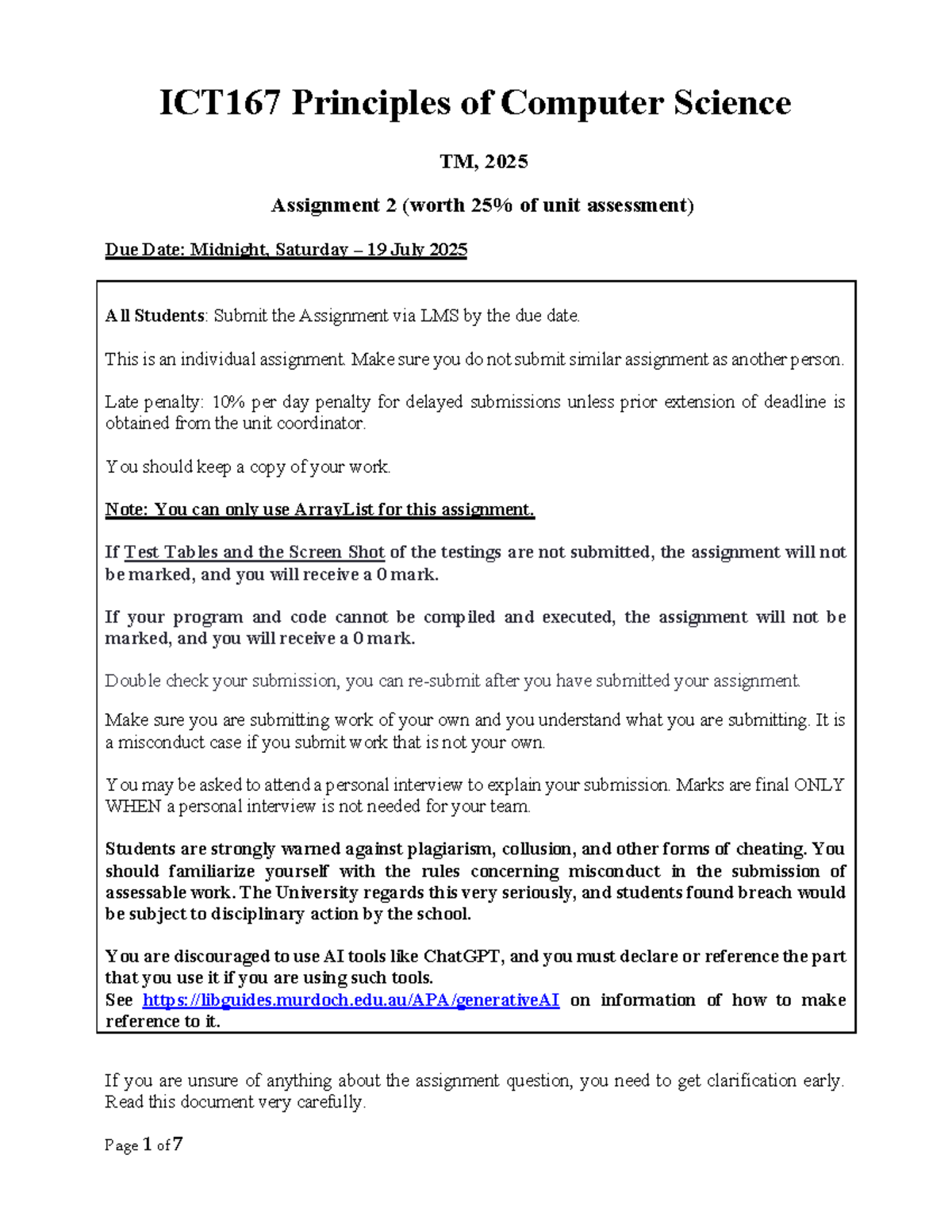 ICT167 Principles of Computer Science: Assignment 2 Guidelines - Studocu