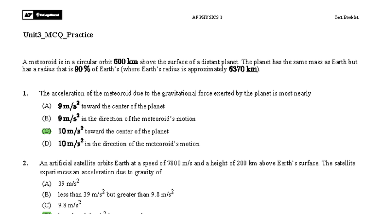 AP PHYSICS 1 Unit 3 MCQ Practice Test Booklet - Studocu