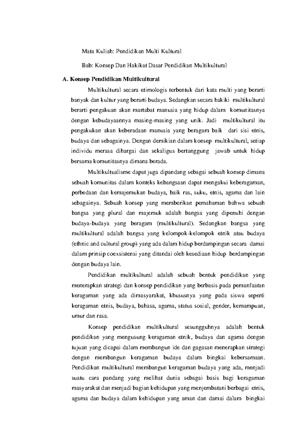 Pendidikan Multikultural: Konsep, Hakikat, dan Tujuannya (Pendidikan Multi Kultural) - Studocu