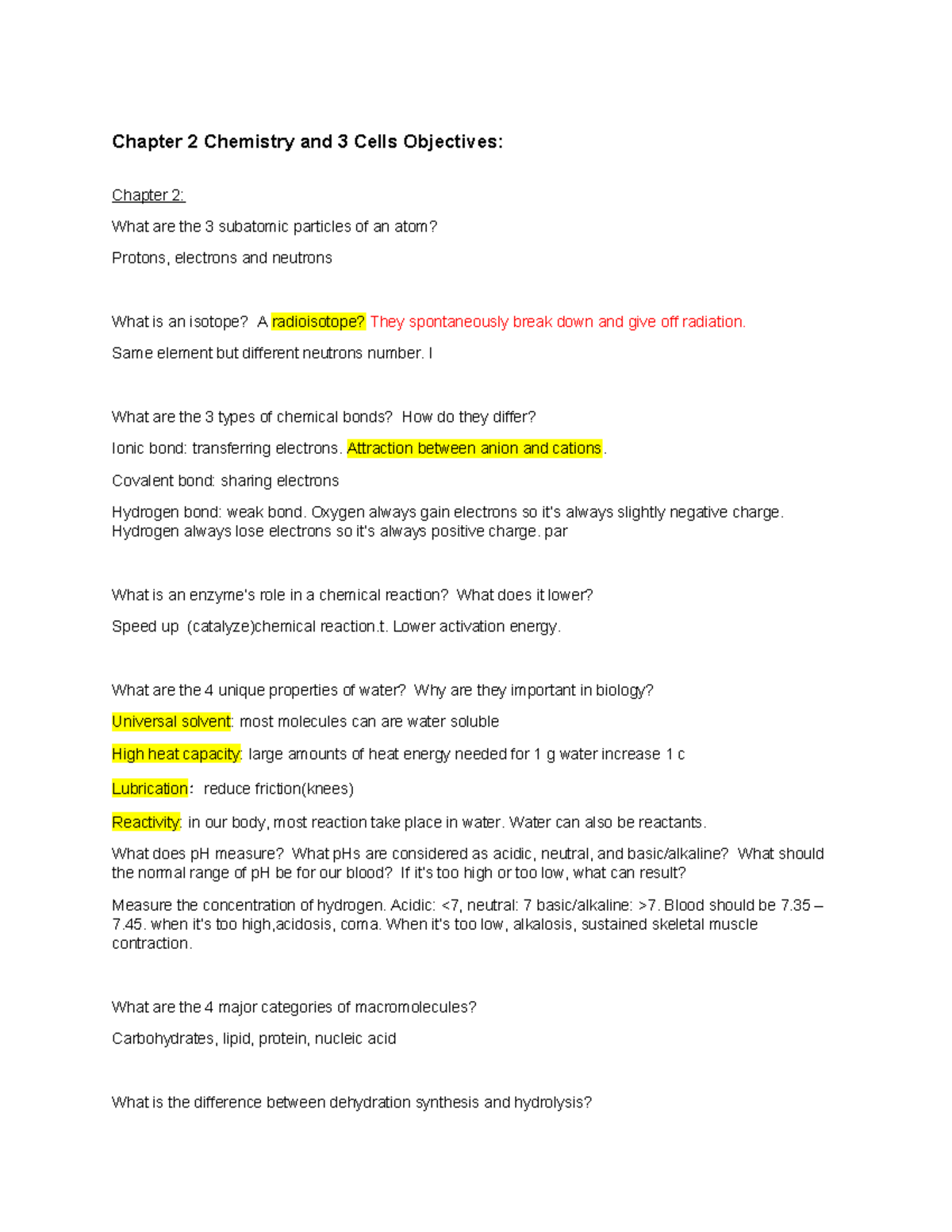 Ch 2 and 3 lecture objectives: Chemistry and cell biology concepts ...