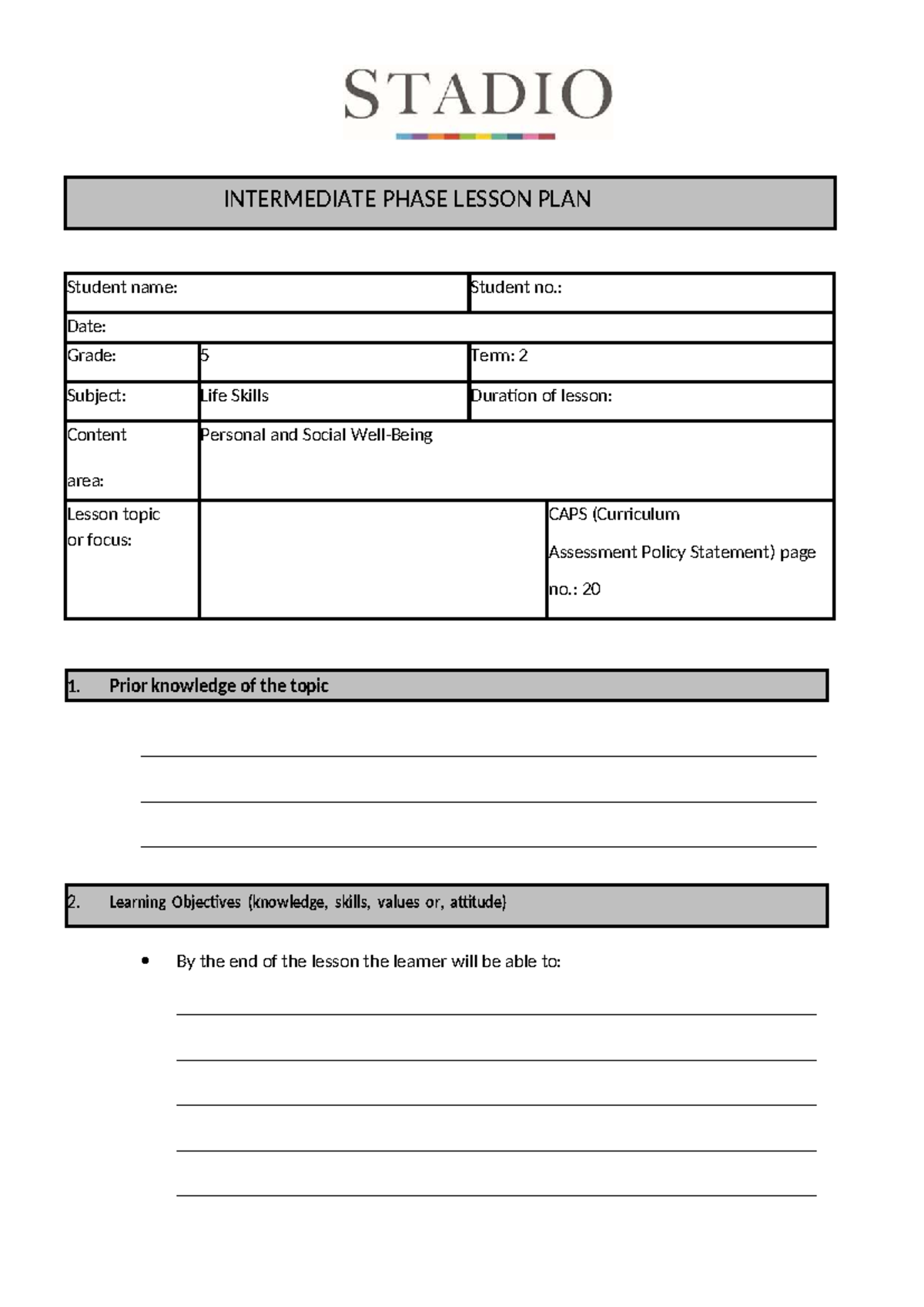 TLS101 Intermediate Phase Lesson Plan for Grade 5 - Term 2 - Studocu
