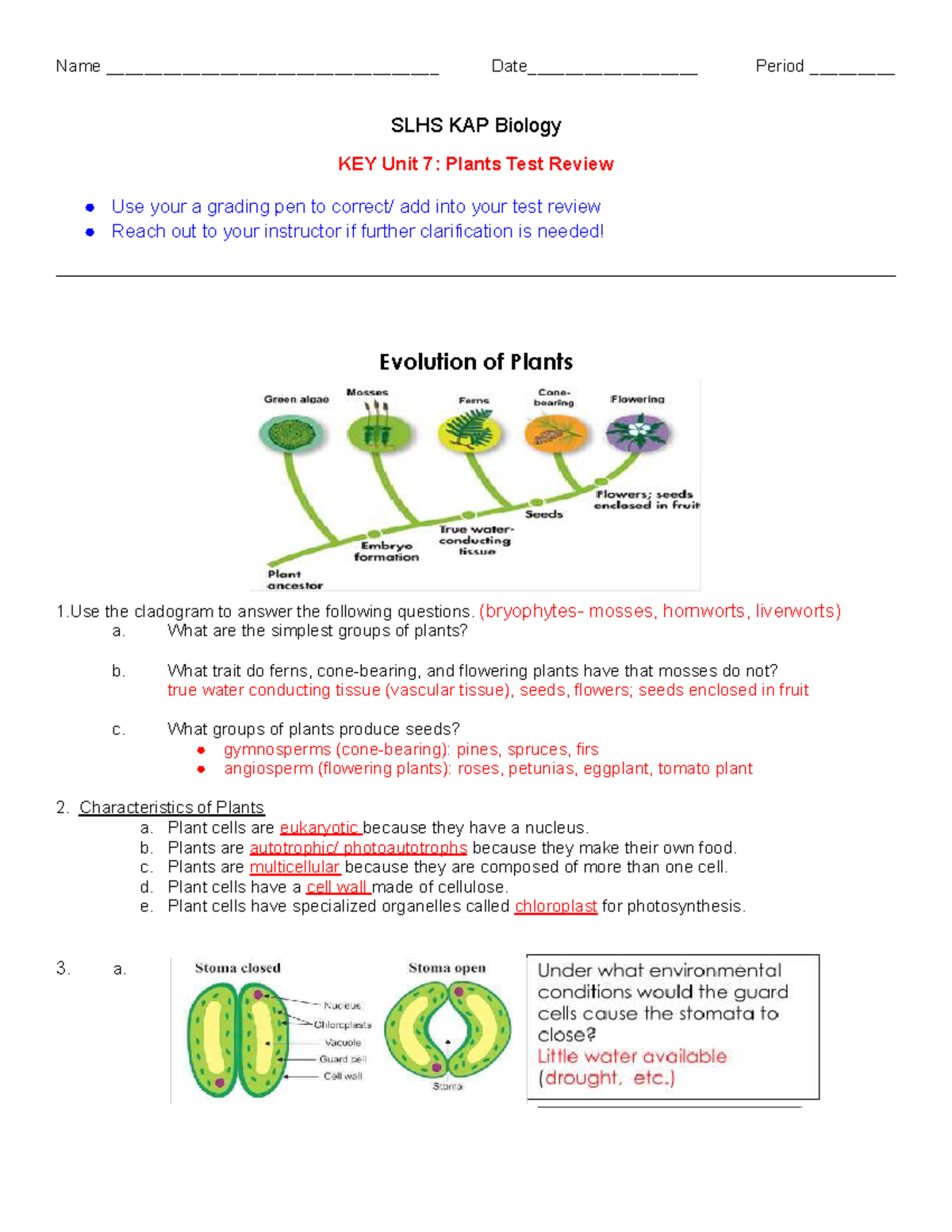 KAP Biology KEY Unit 7: Plants Test Review and Study Guide - Studocu