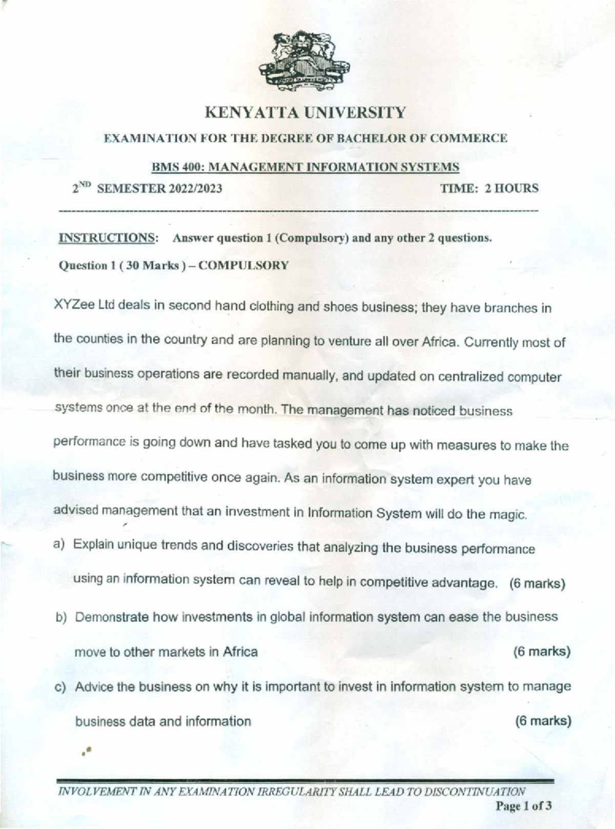 BMS 400: Management Information Systems Exam Paper Analysis - Studocu