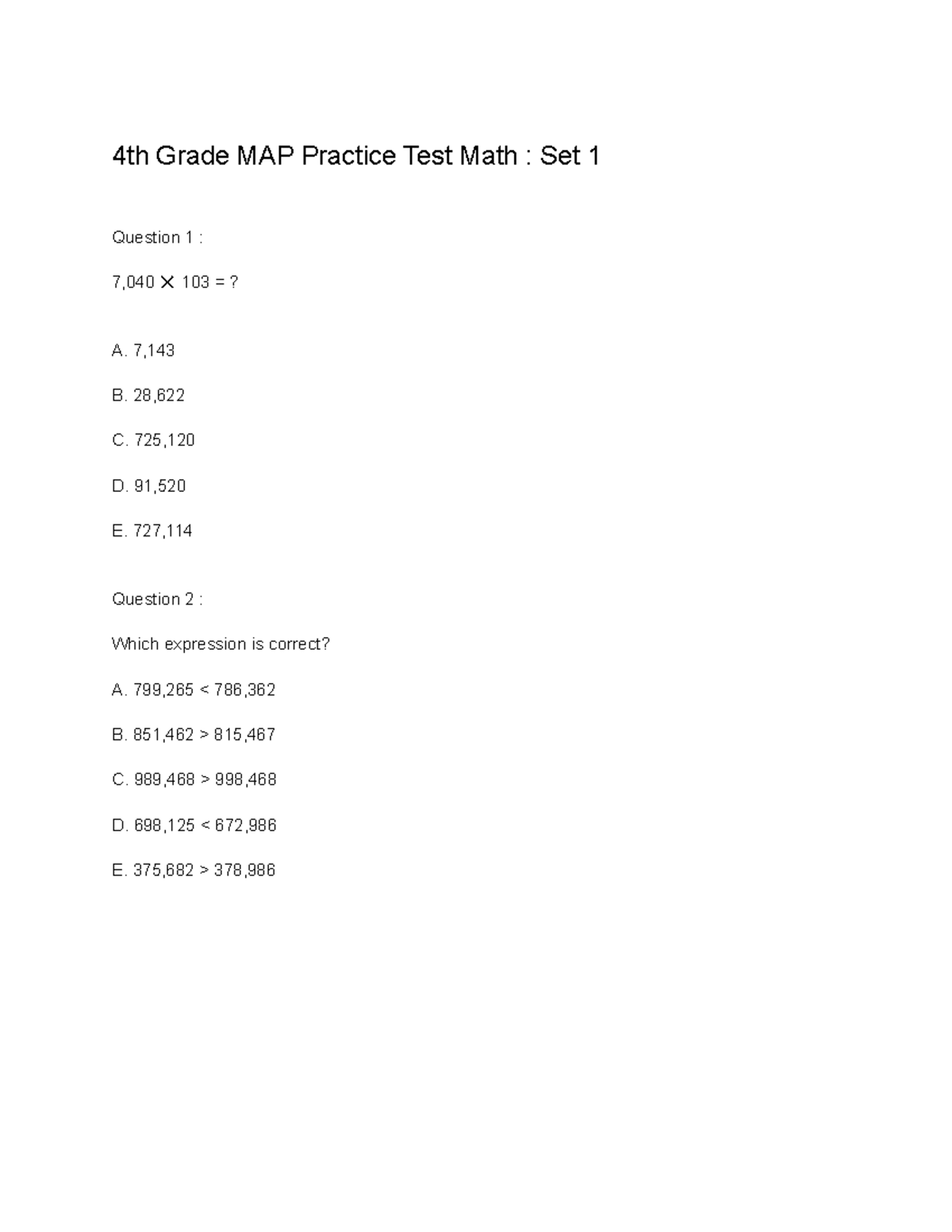 4th Grade MAP Math Practice Test: Set 1 Questions & Answers - Studocu