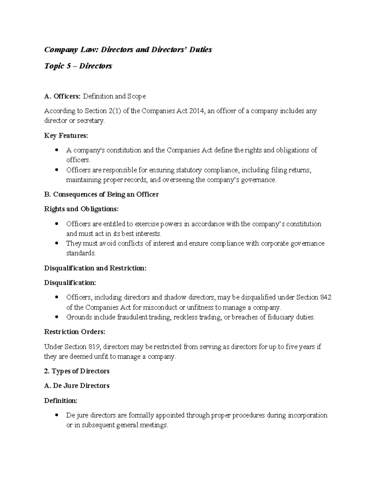 Company Law I: Notes on Directors and Their Duties - Studocu