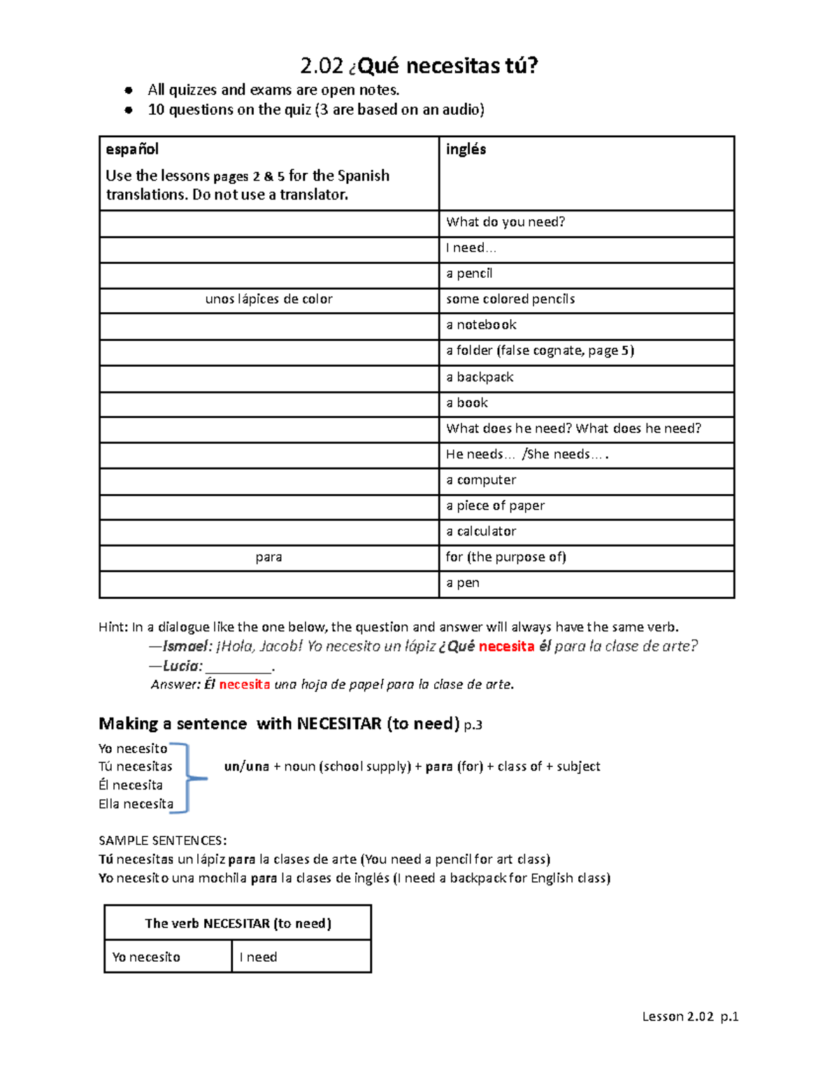 2.02 Lesson Notes: Necesitar & School Supplies in Spanish - Studocu