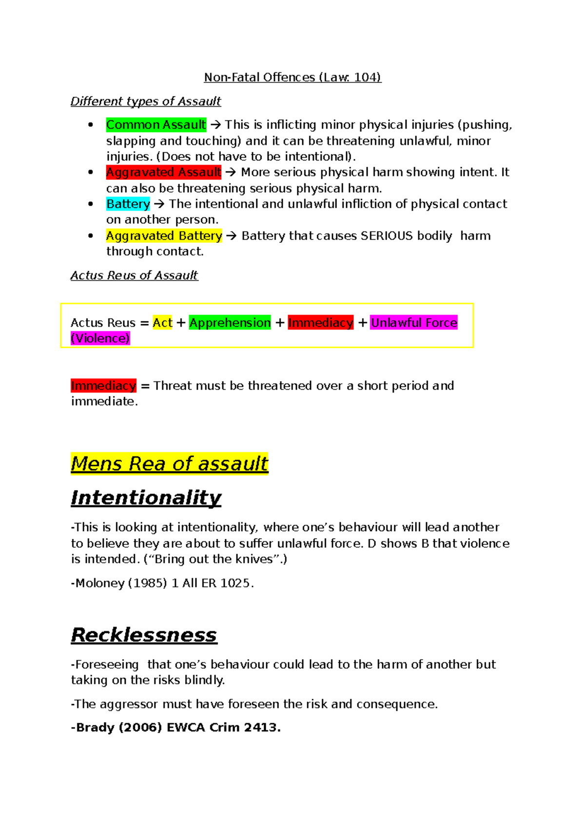 Law 104: Types of Assault and Battery Explained in Detail - Studocu