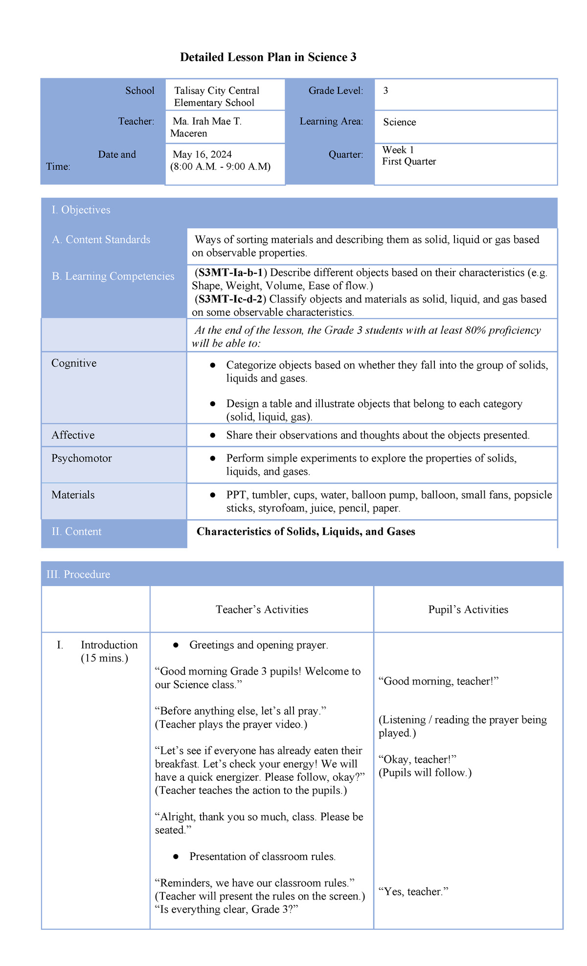 Detailed Lesson Plan Q1L1: Exploring States of Matter in Science 3 ...