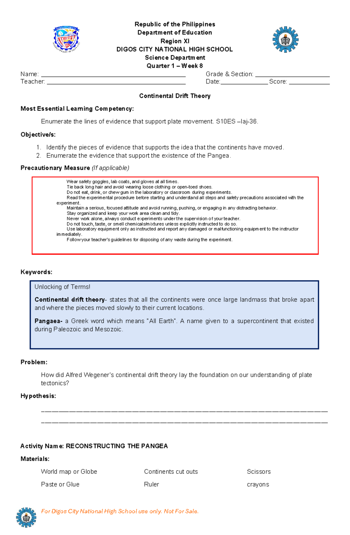 S10ES Continental Drift Theory: Evidence & Activities for Week 8 - Studocu
