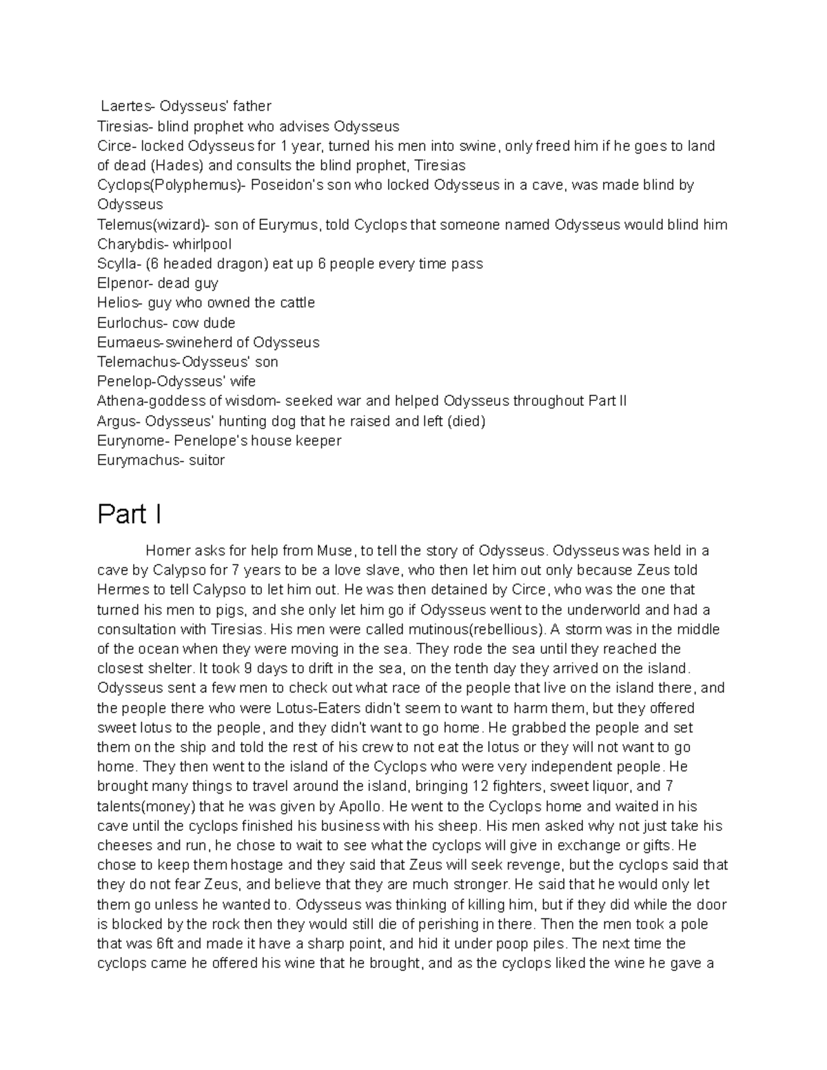 Odyssey Part 1 &2 Summary & Character Chart - Laertes- Odysseus’ father ...