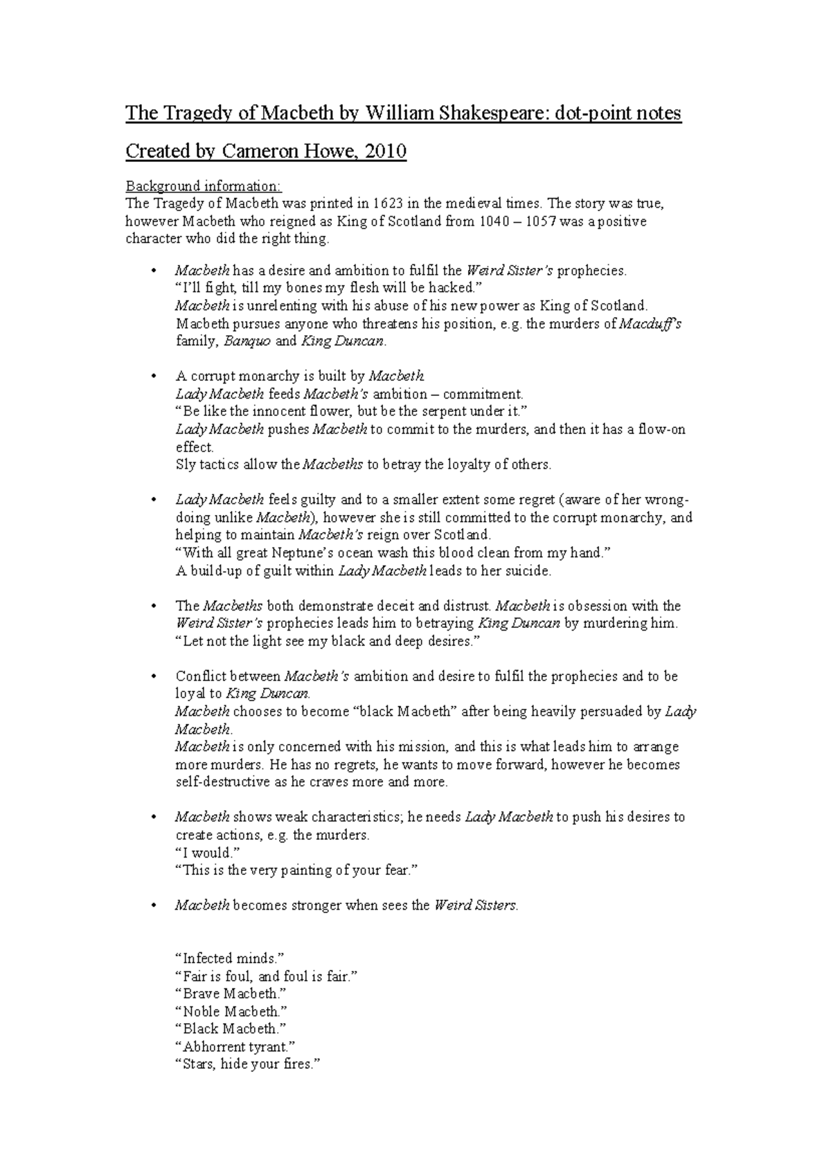 9702 The Tragedy of Macbeth: Key Dot-Point Notes - Studocu