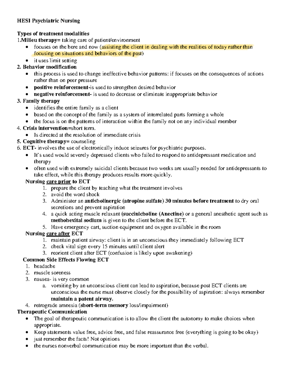HESI Psychiatric Nursing Notes: Treatment Modalities and Interventions ...