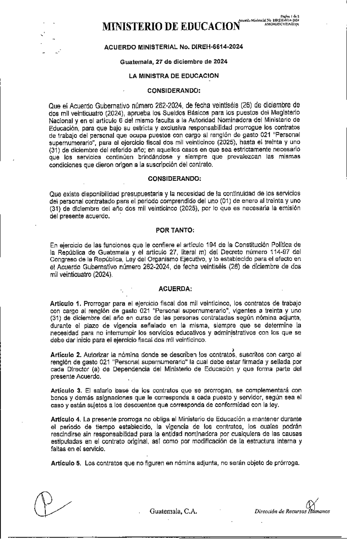 Acuerdo Ministerial de Prórroga 021 - Direh 6614-2024 - Studocu