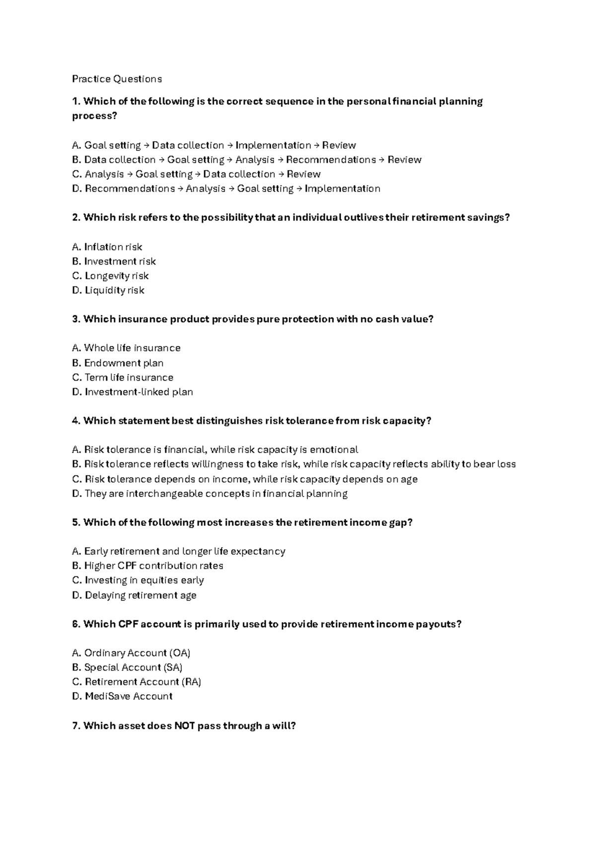 Practice Questions for Personal Financial Planning (PF 101) - Studocu