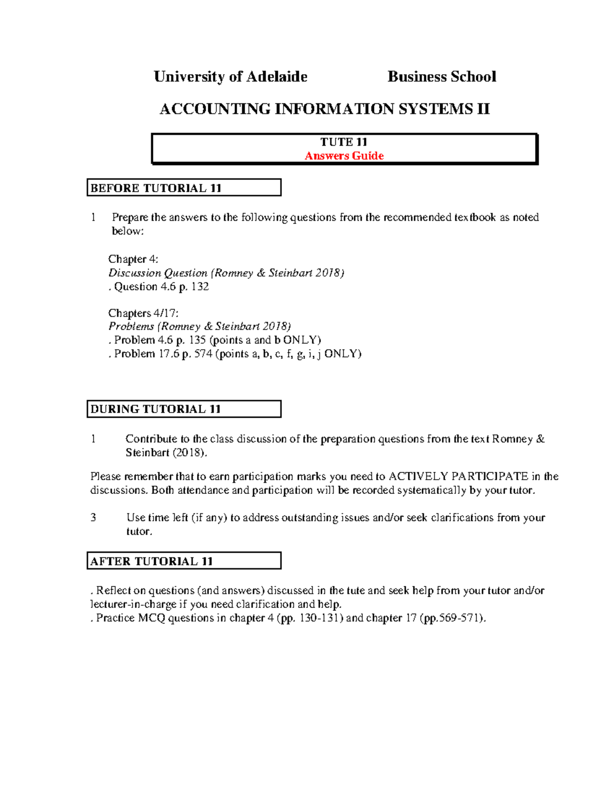 Tute11Answers Guide - Tutorial 11 - University of Adelaide Business ...