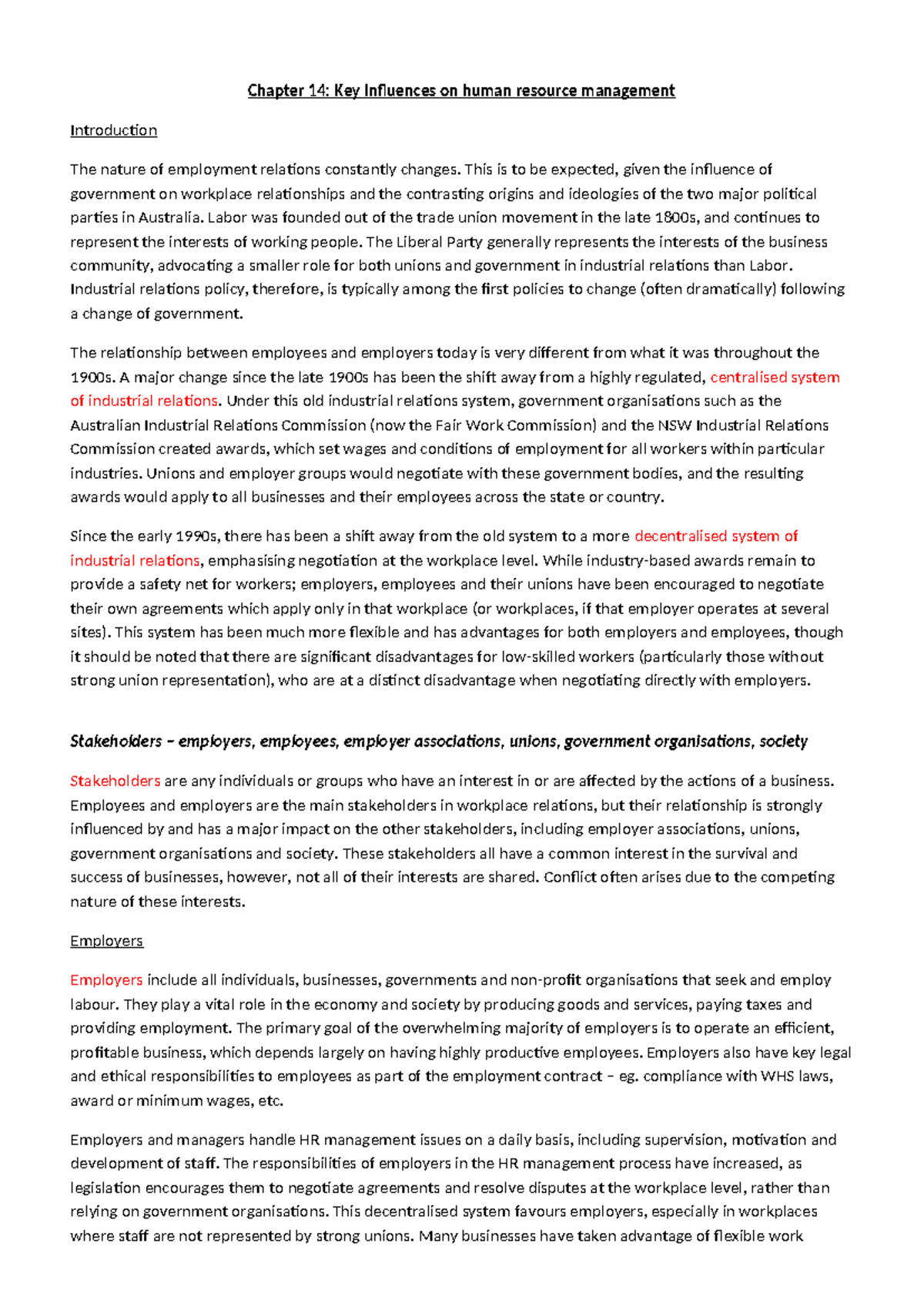Chapter 14: Key Influences on HRM in Australia - Employment Relations Dynamics - Studocu