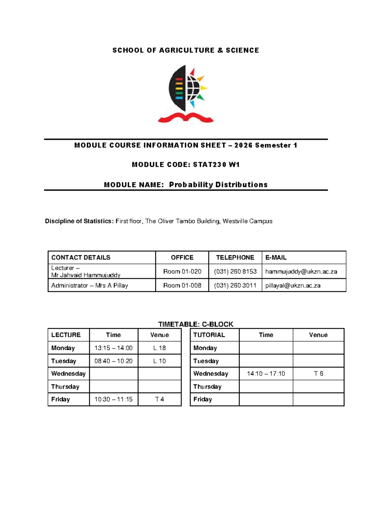 Info Sheet for STAT230: Probability Distributions - 2026 Sem 1 - Studocu