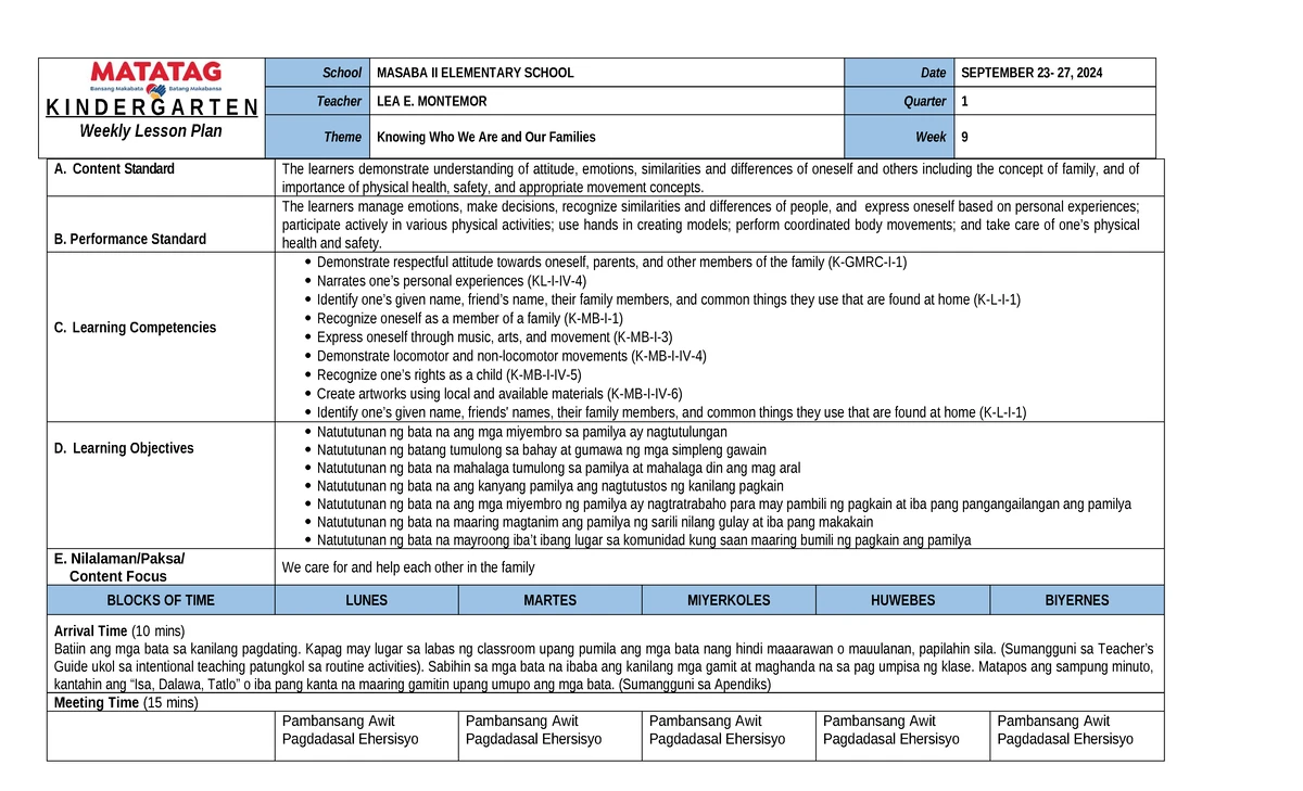 WEEK 4 DLL Matatag - Kindergarten Lesson Plan on Emotions & Family ...