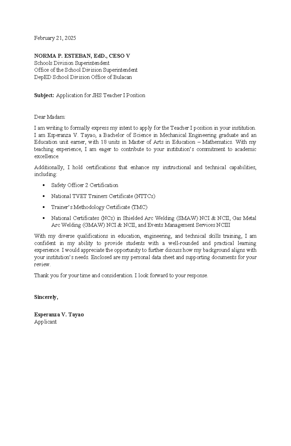 JHS Deped Intent Letter - February 21, 2025 NORMA P. ESTEBAN, EdD., CESO V Schools Division ...