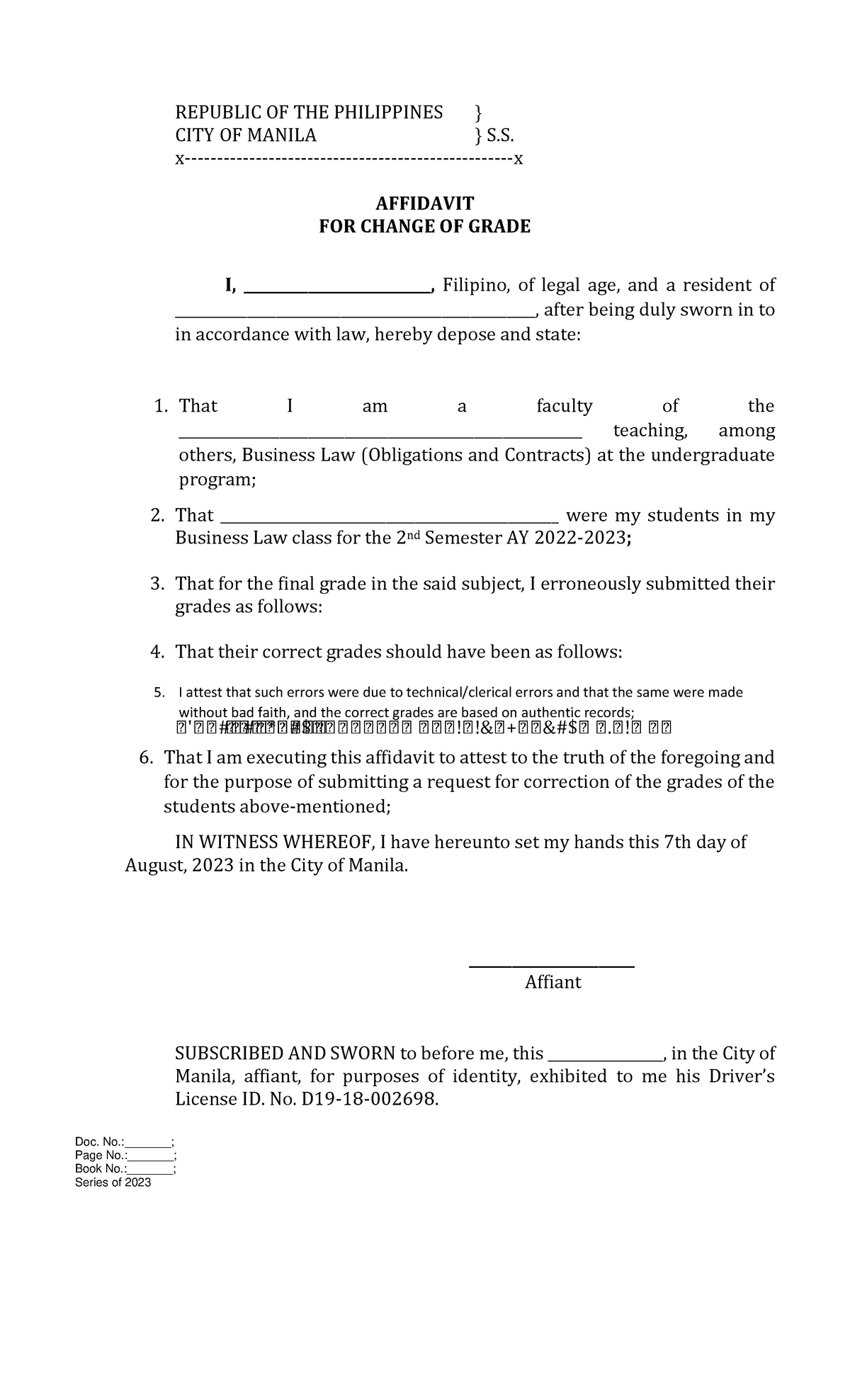 Affidavit for Change of Grade - Business Law 2nd Sem AY 2022-2023 - Studocu