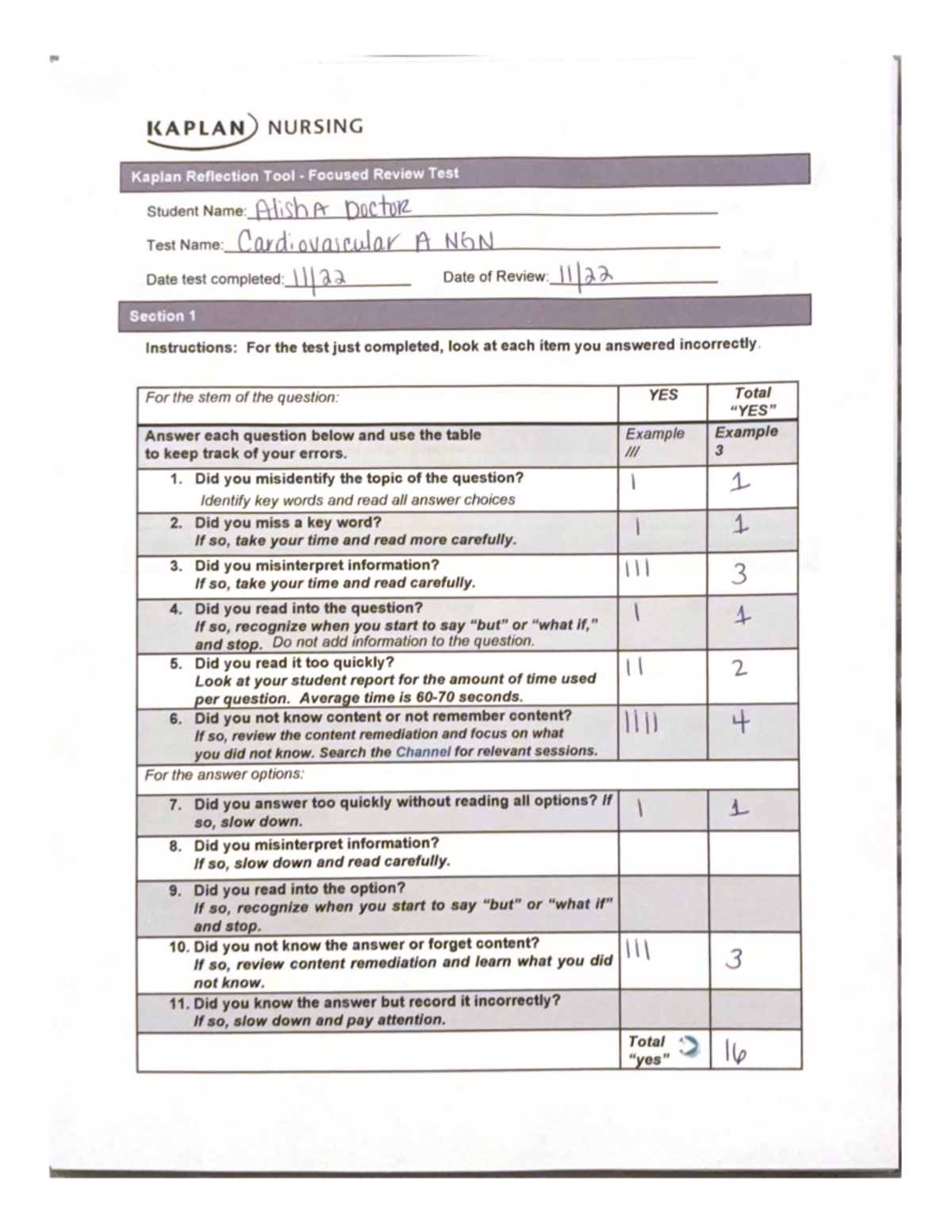 Kaplan Nursing Reflection Tool - Focused Review Test 2 Analysis - Studocu