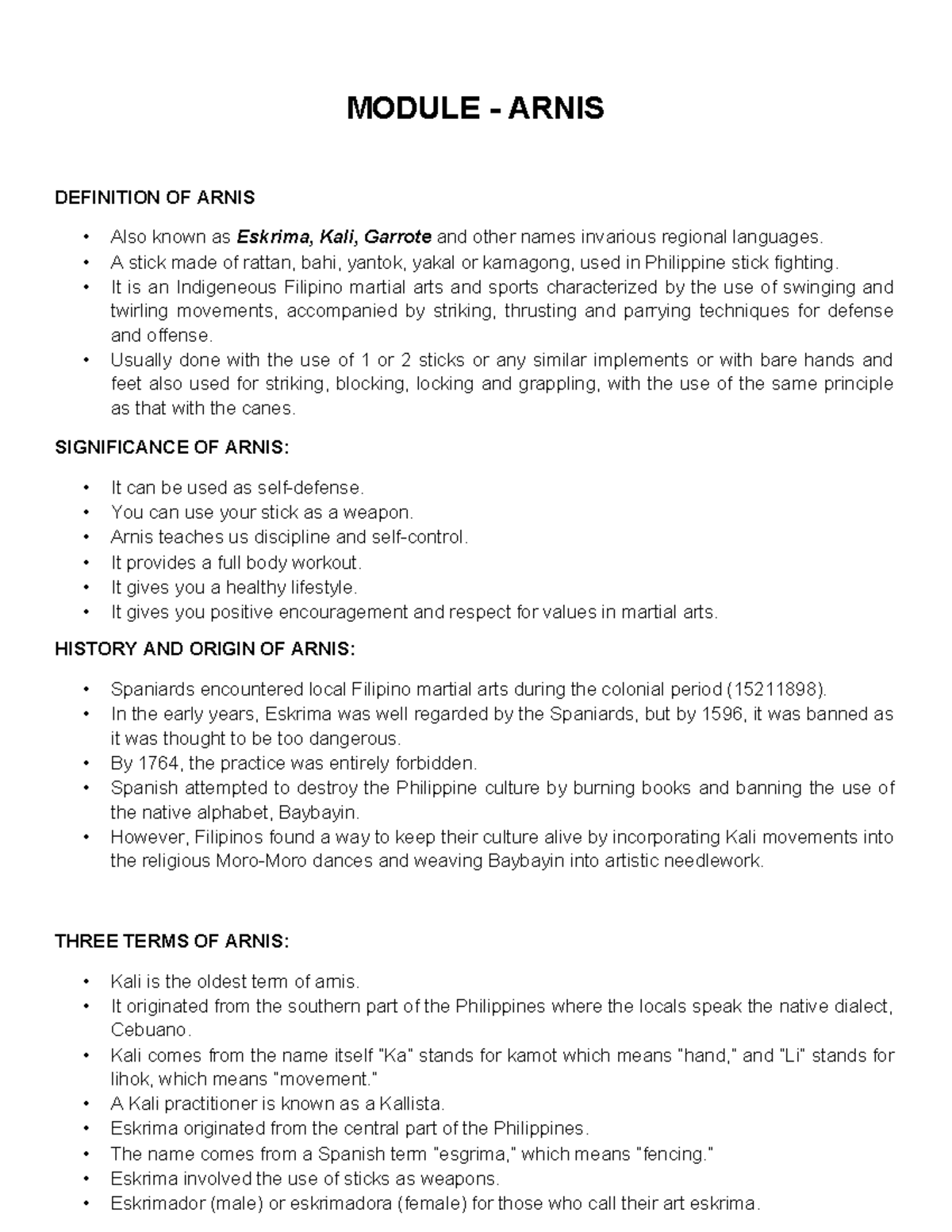 Module IN Arnis: Definition, History, and Techniques of Filipino ...