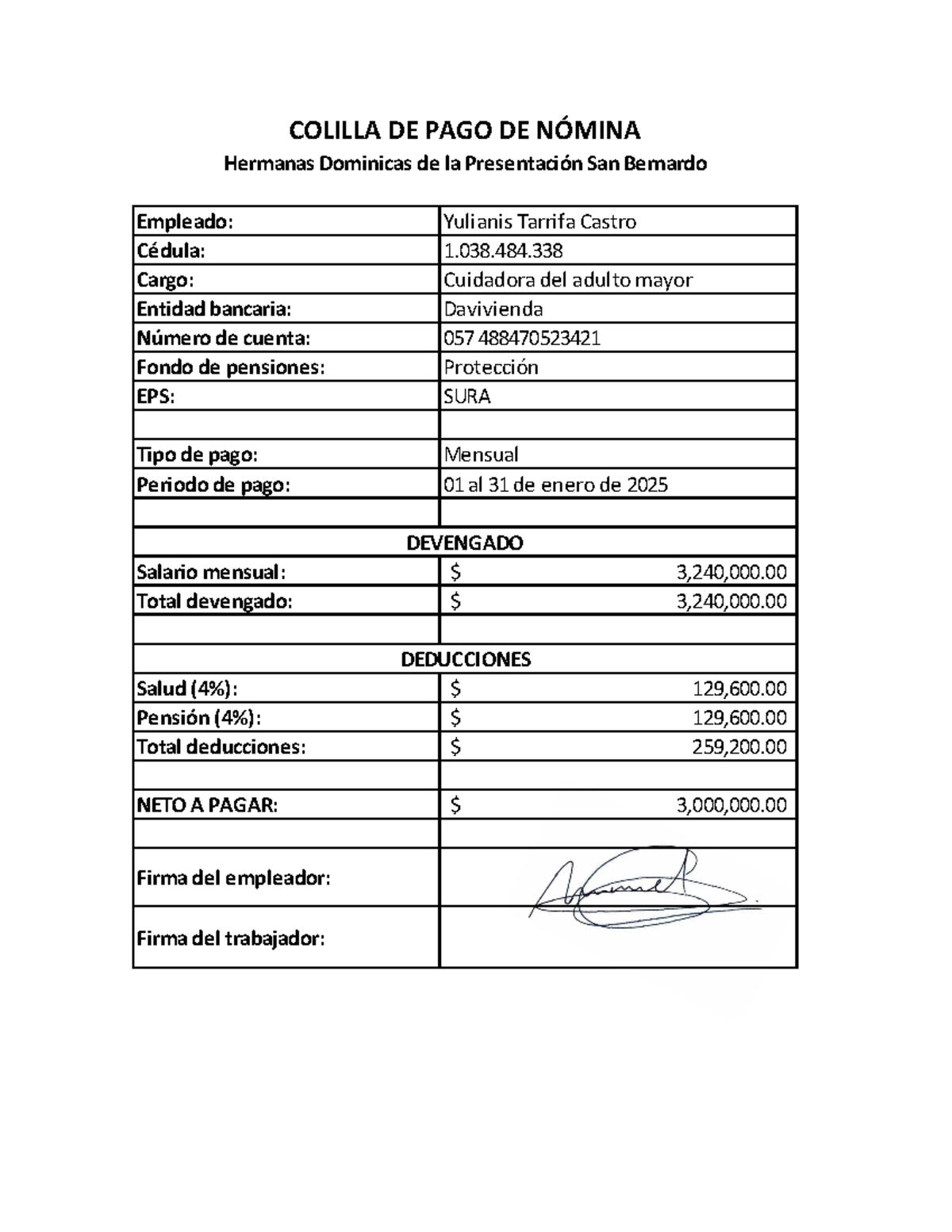 PAGO Nomina - Enero 2025 - Empleado: Cédula: Yulianis Tarrifa Castro1 ...