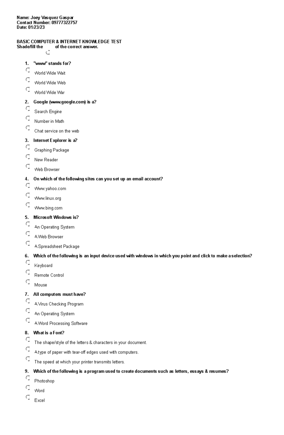 JOEY EXAM Computer - Name: Joey Vasquez Gaspar Contact Number ...