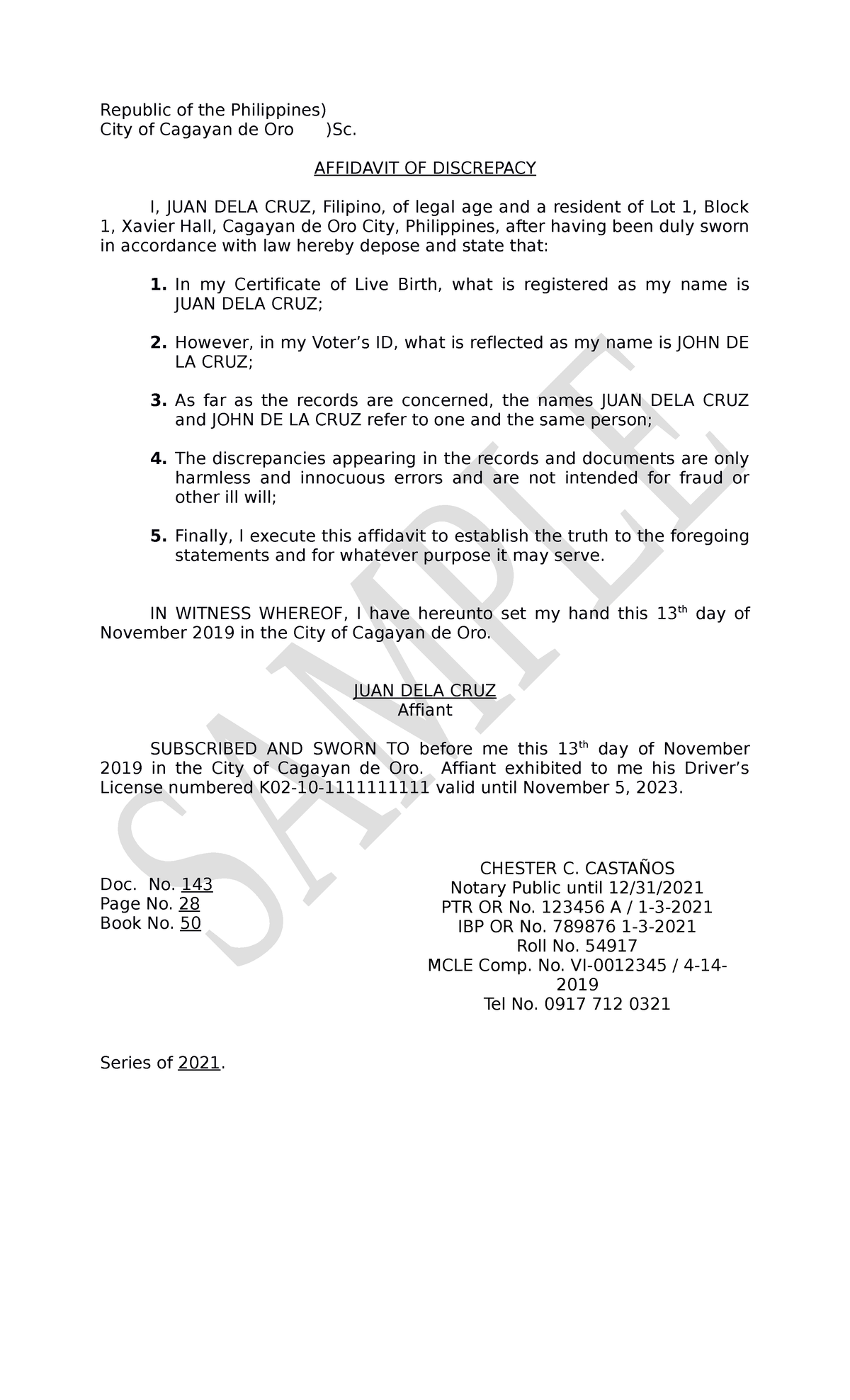 Affidavit of Discrepancy - Cagayan de Oro Sample Document - Studocu