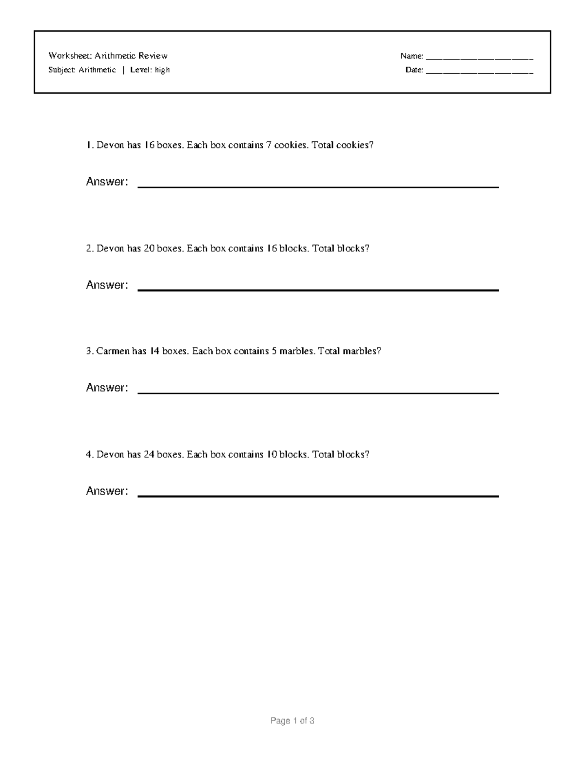 Arithmetic Review Worksheet: High Level Practice - Studocu