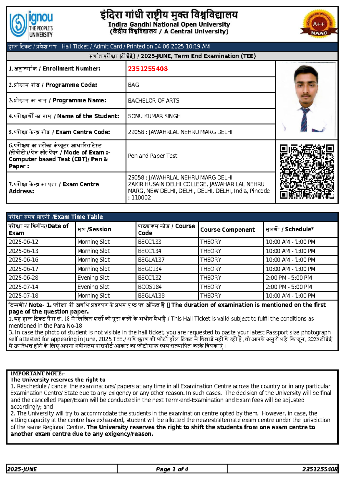 Admit Card for Term End Exam (TEE) - BAG Program 2351255408 - Studocu