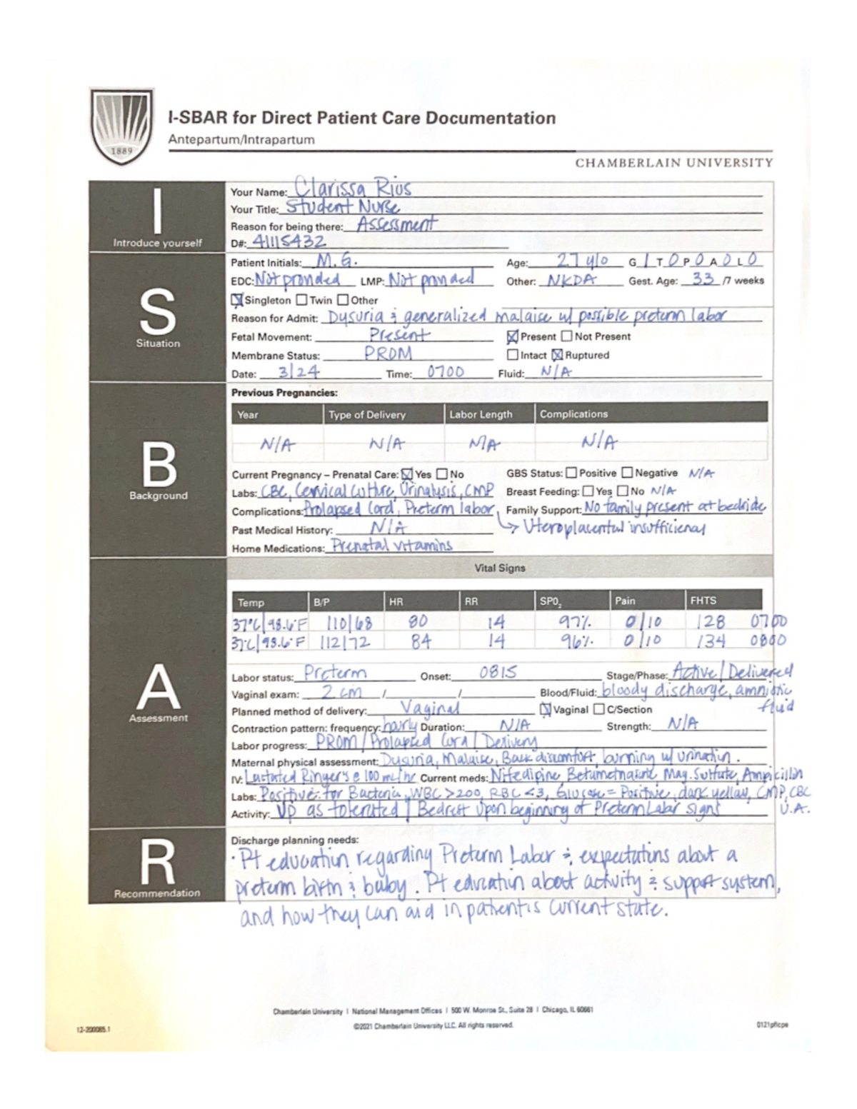 Direct Patient Care Documentation: Preterm Labor Case Study 1889 - Studocu