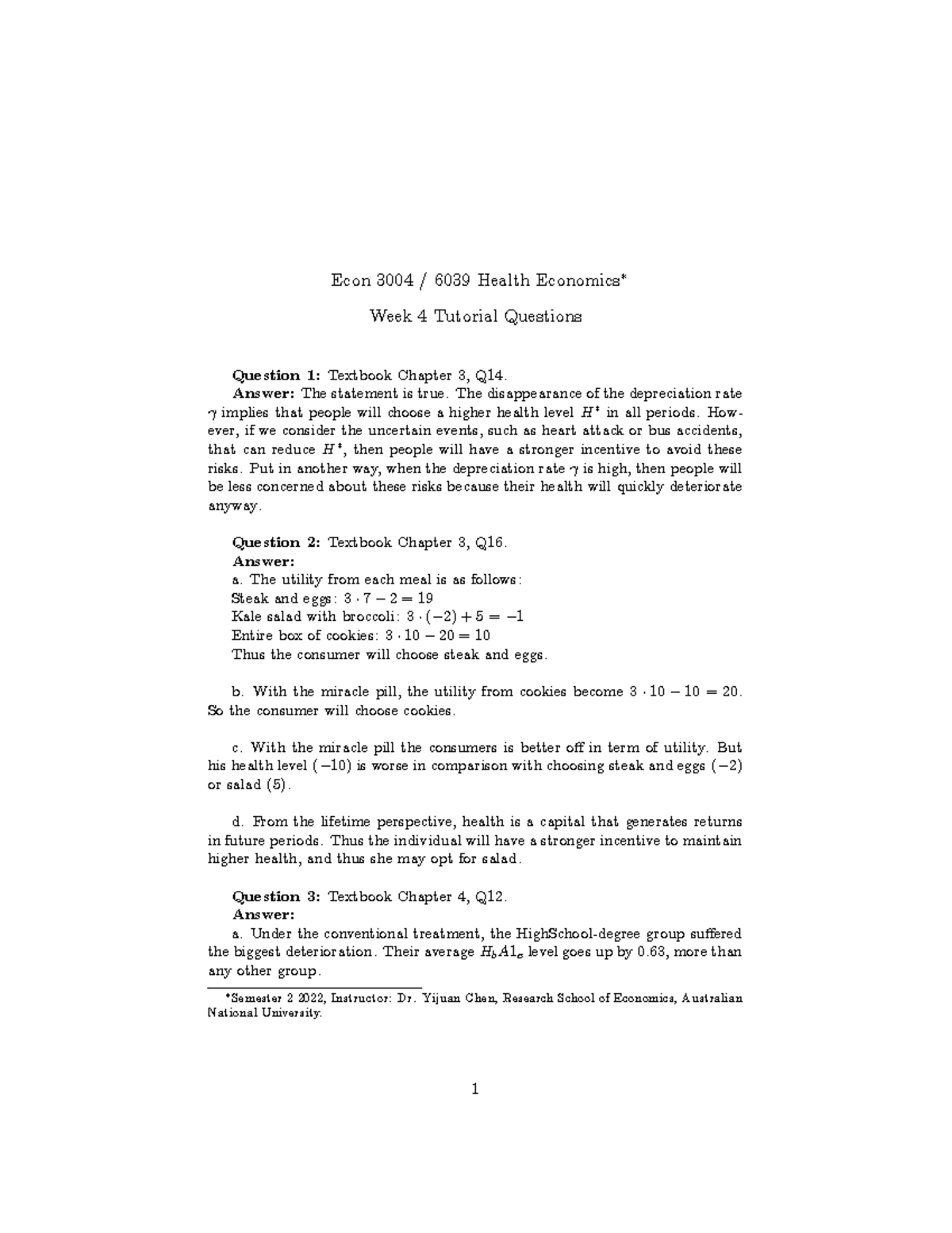 Econ 3004 6039 Health Economics Week 4 Tutorial Solutions - Studocu