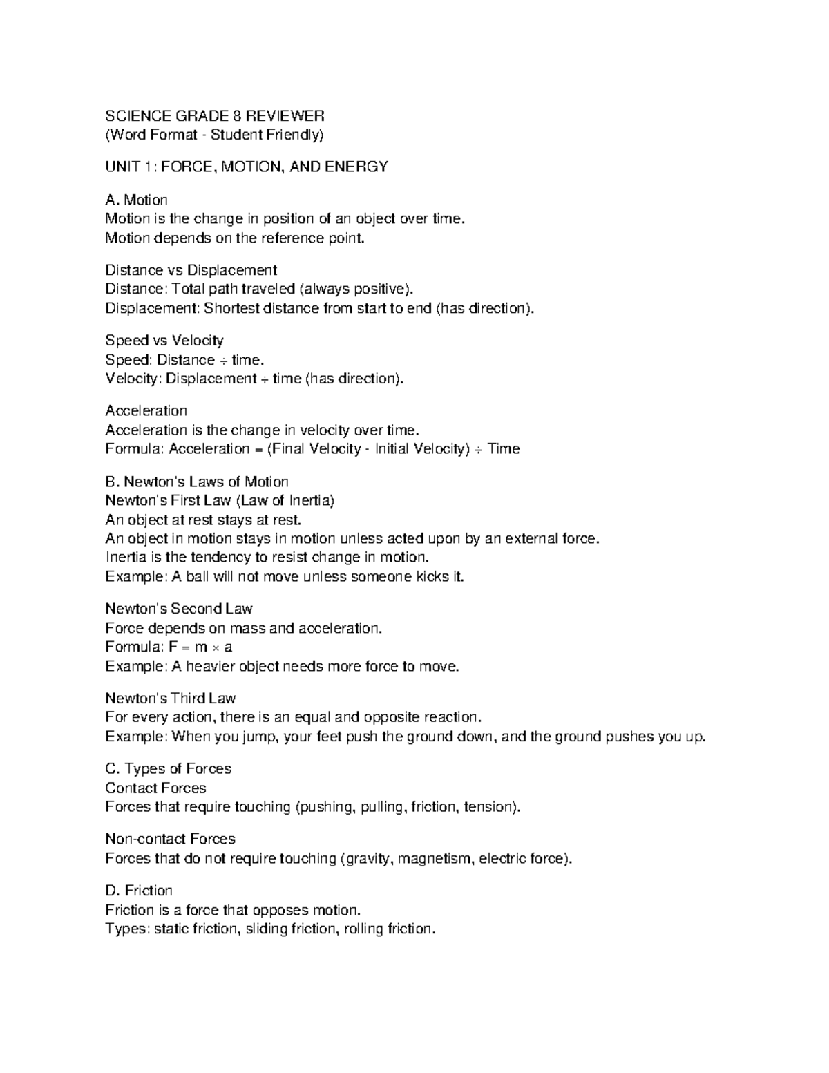 SCIENCE GRADE 8 REVIEWER: FORCE, MOTION, ENERGY & MORE - Studocu