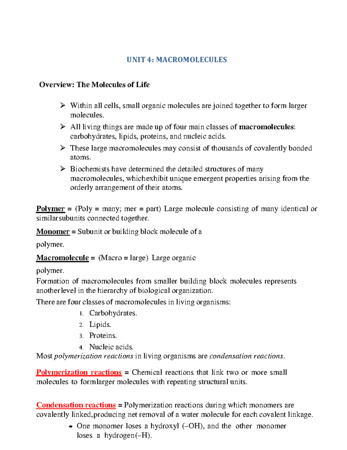 UNIT 4: MACROMOLECULES Overview and Key Concepts - Studocu