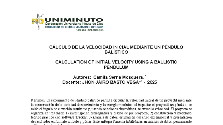 CÁLCULO DE VELOCIDAD INICIAL CON PÉNDULO BALÍSTICO - PROYECTO STEM 2025 ...