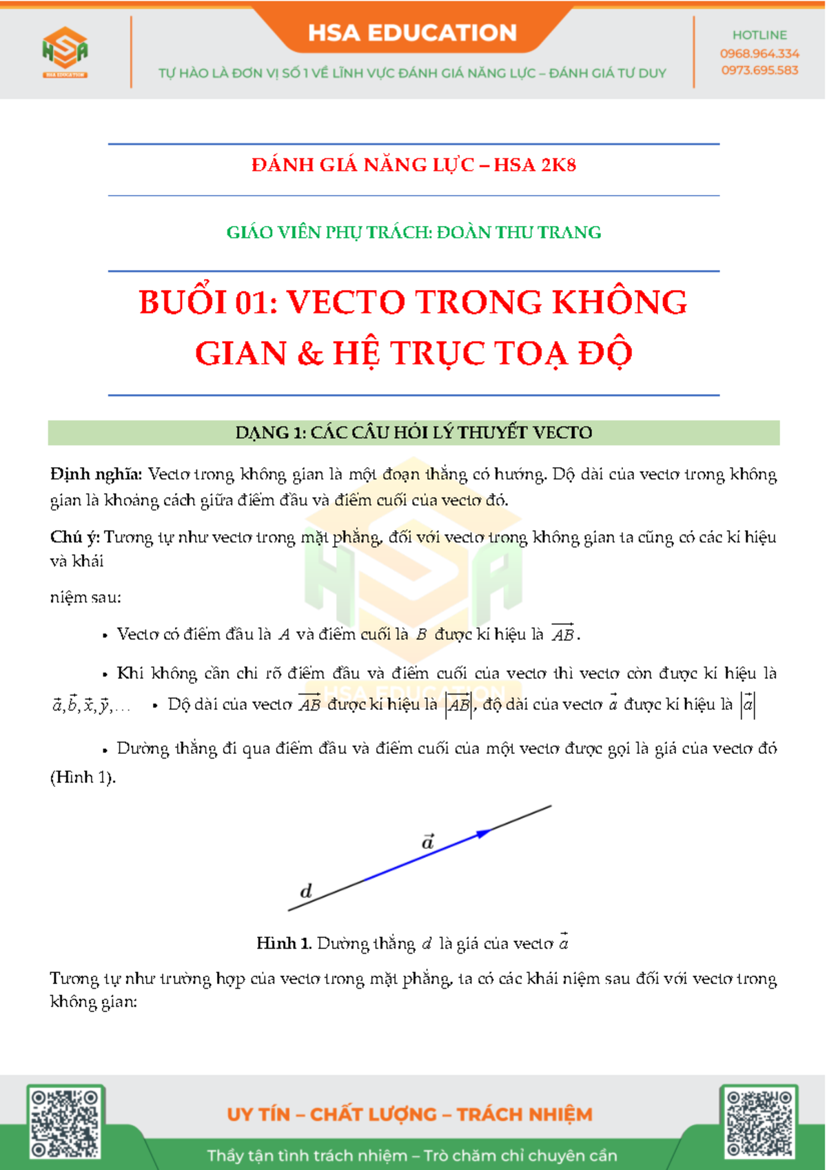 B01. PT03. HSA 2K8. Toán Hình - Vectơ & Hệ Trục Tọa Độ - Studocu