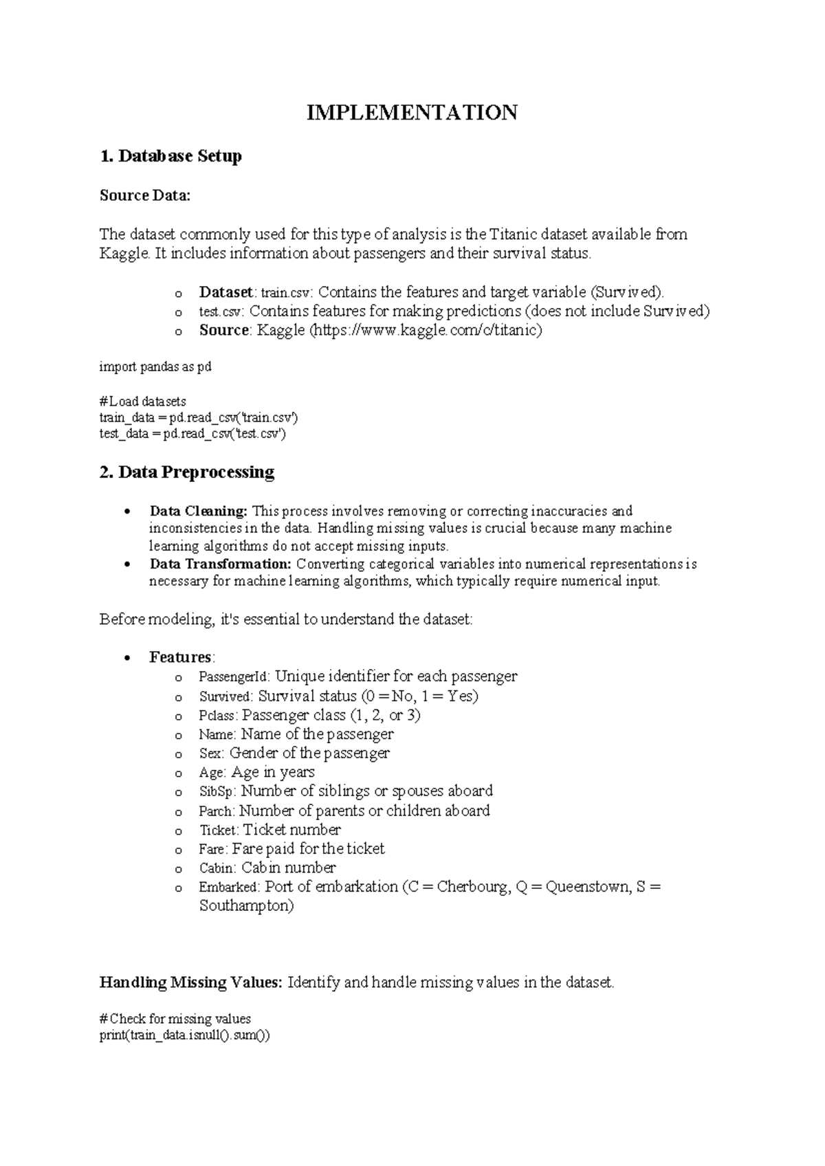 1 - ML Mini Project: Titanic Survival Prediction Model Implementation - Studocu