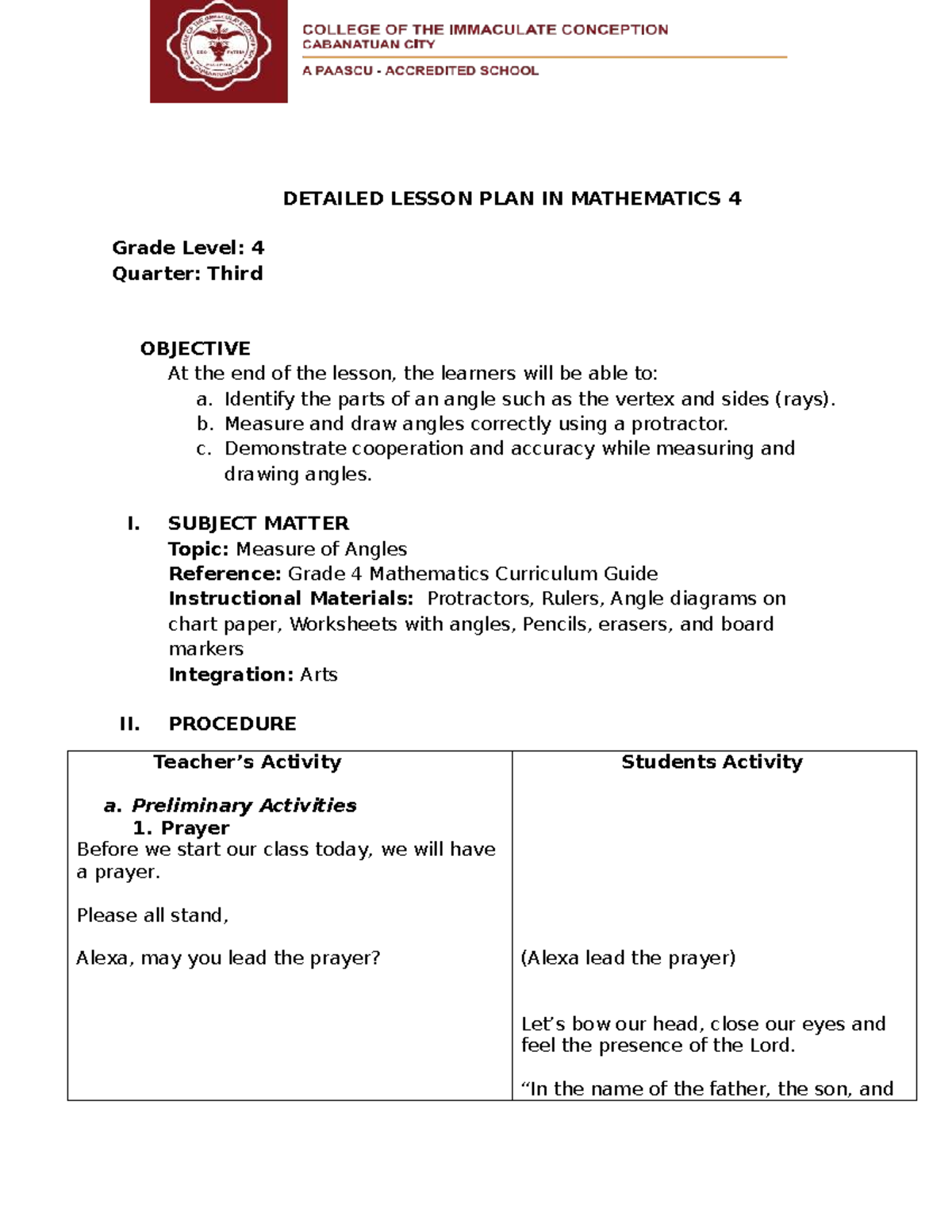 G4 MATH Lesson Plan: Measuring Angles for Grade 4 - Studocu